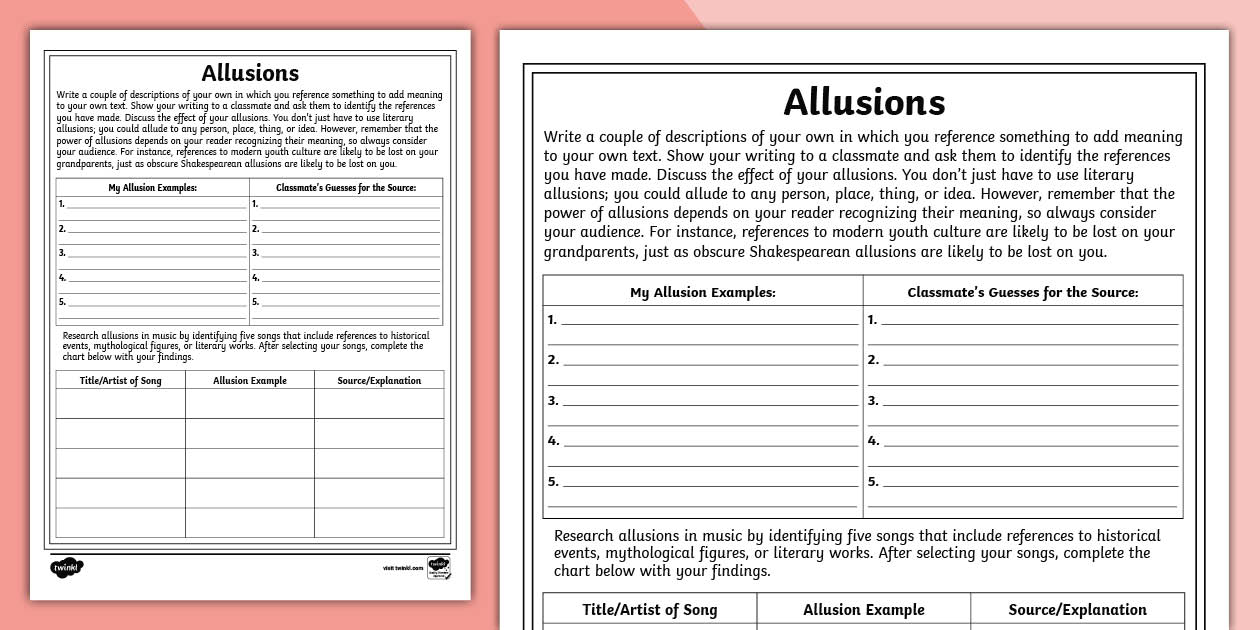 * NEW * Seventh Grade Allusions Practice Worksheet