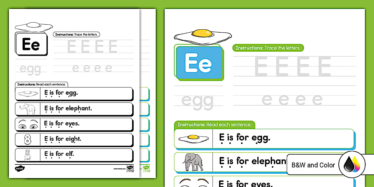 Letter E Fluency Sentences for ELL Alphabet Worksheet