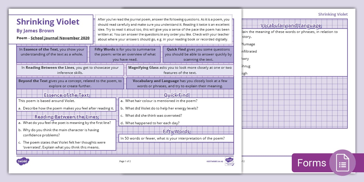 L4 November 2020 School Journal - Shrinking Violet Poetry Comprehension