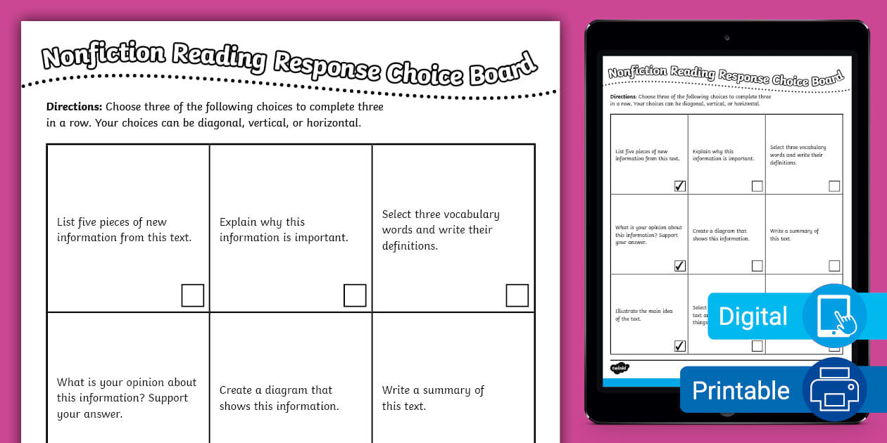 Eighth Grade Nonfiction Reading Response Choice Board