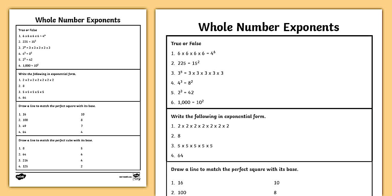 Sixth Grade Whole Number Exponents Practice Math Worksheet