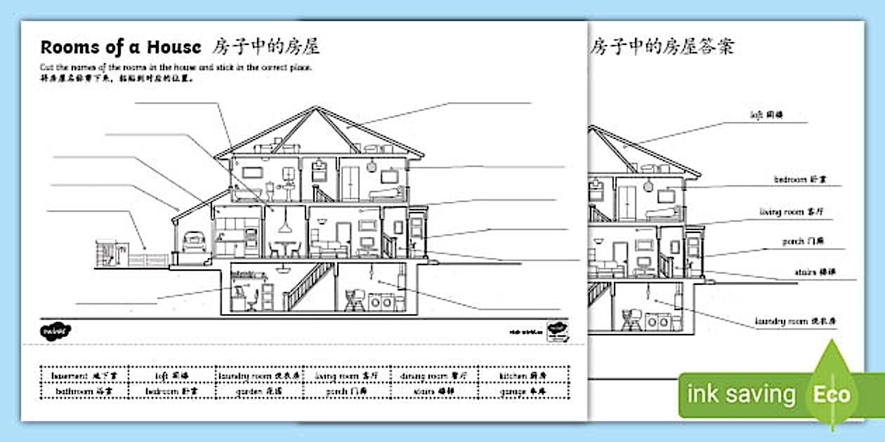 Editable Rooms of a House Worksheet - English/Mandarin Chinese