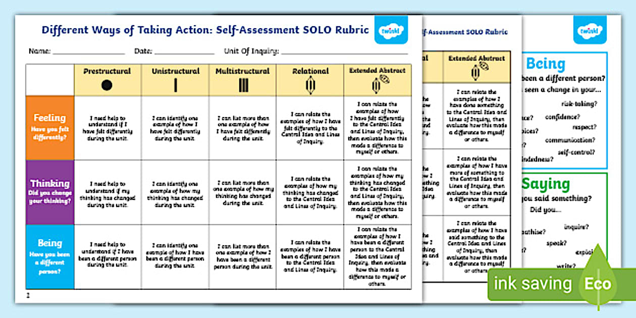 PYP: Different Ways of Taking Action: Self-Assessment SOLO Rubric