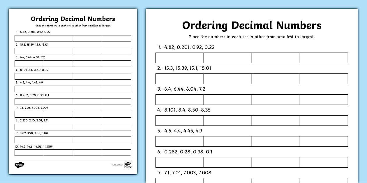 Ordering Decimal Numbers Worksheet for 4th-5th Grade