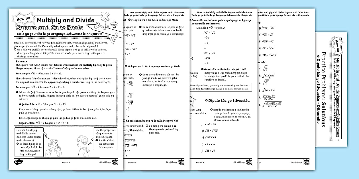 Square and Cube Roots Multiplication & Division Worksheet – Sepedi