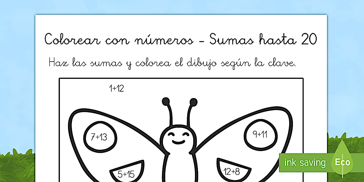 Colorear con números: Las sumas del 0 al 20 - Los bichos