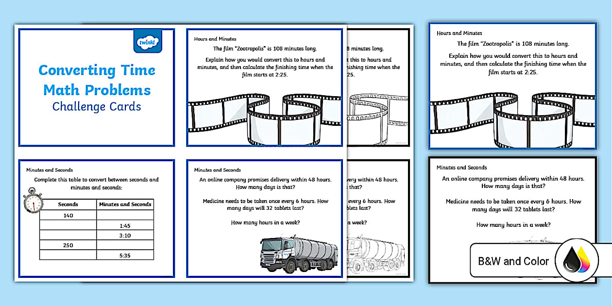 Measurement and Converting Time Math Problems Challenge Cards