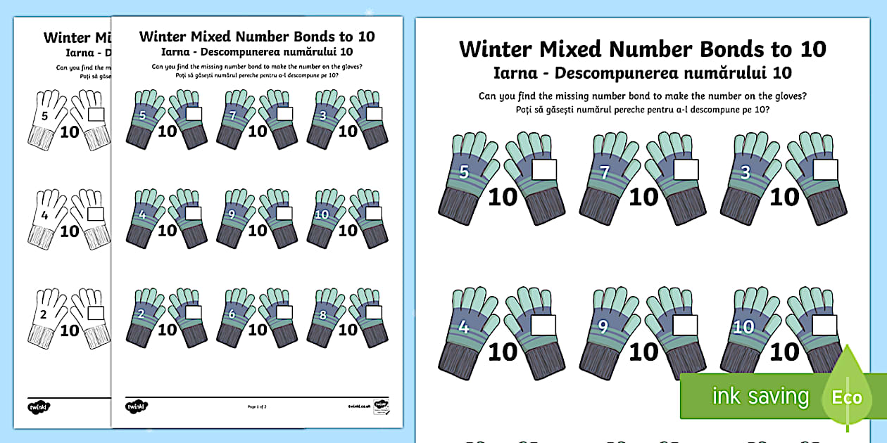 Black and White Winter Themed Mixed Number Bonds to 10 Worksheet