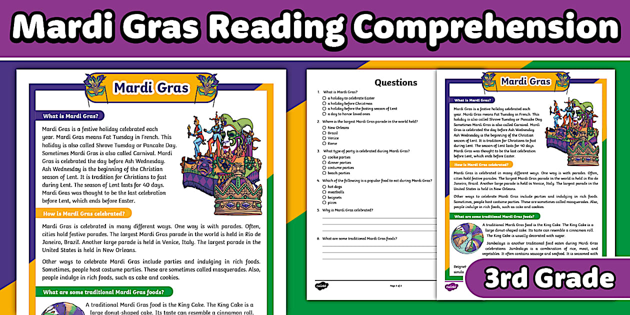 Third Grade Mardi Gras Reading Comprehension Worksheet