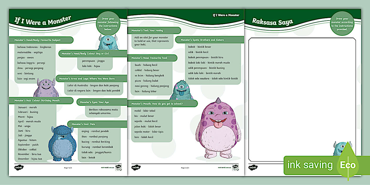 All About Me Monster Worksheet Indonesian - Twinkl
