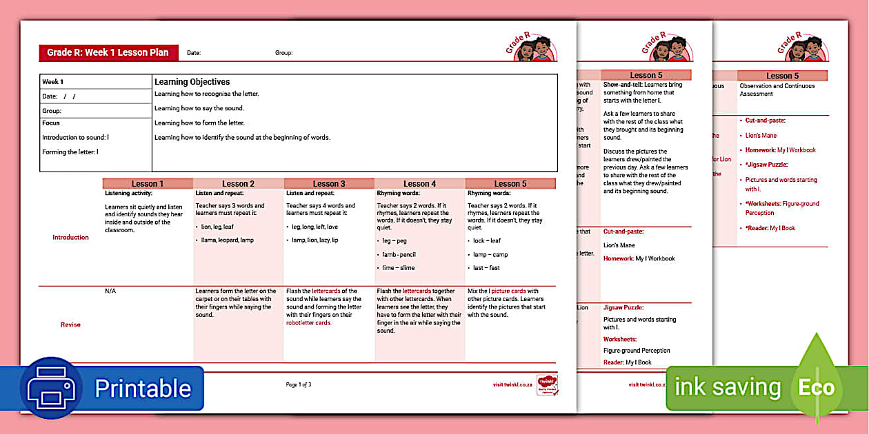 Lesson Plan for Grade R Life Skills - Week 1 Letter L