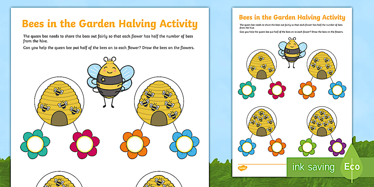 Bees in the Garden Halving Worksheet - Twinkl