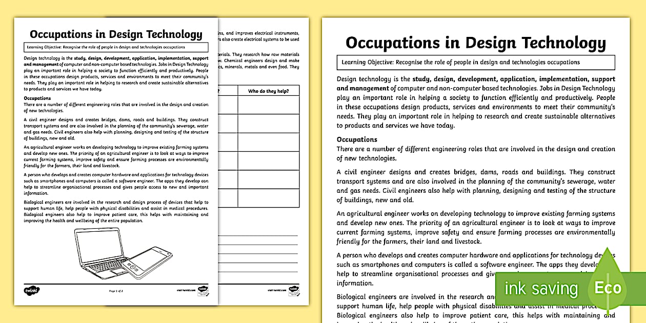Occupations in Design Technology Worksheet / Worksheet