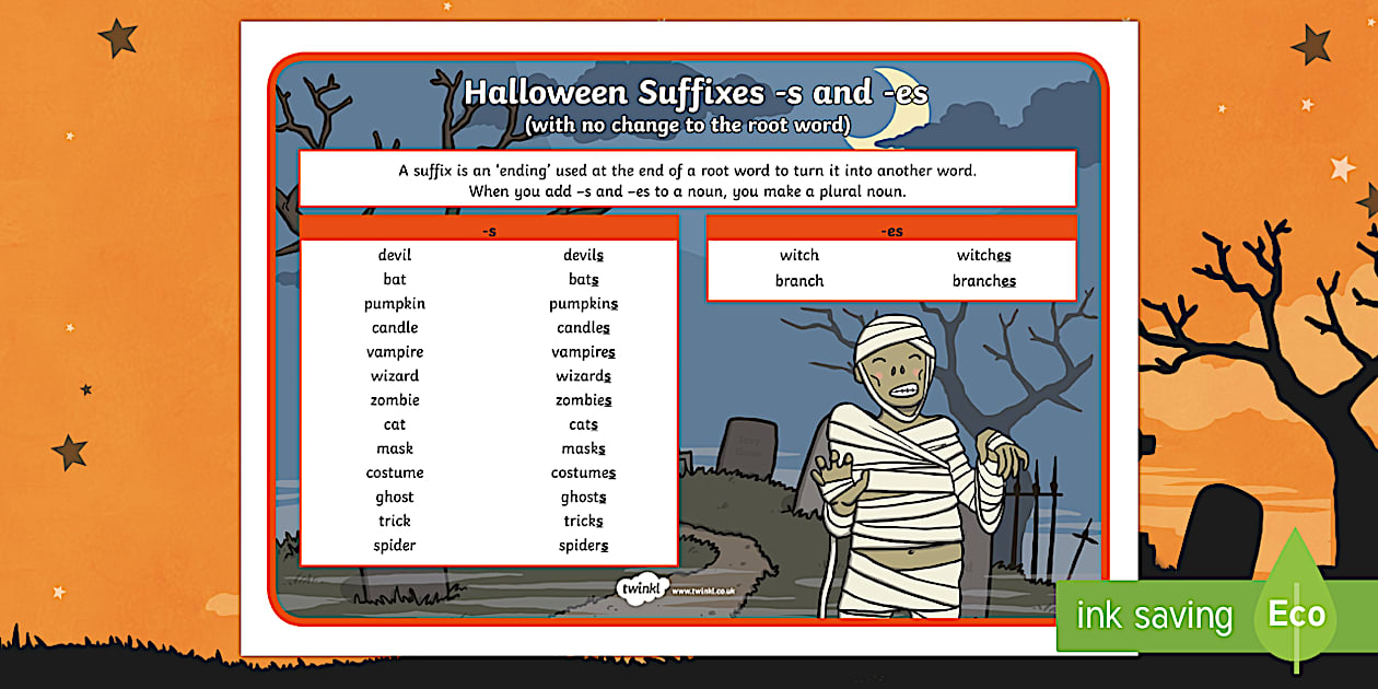 Halloween Plural Noun Suffixes Word Mat - Twinkl