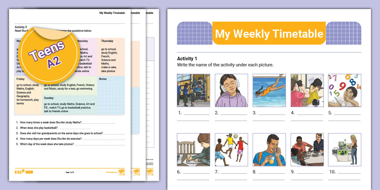 ESL My Weekly Timetable Activity Sheet [Teens, A2] - Twinkl