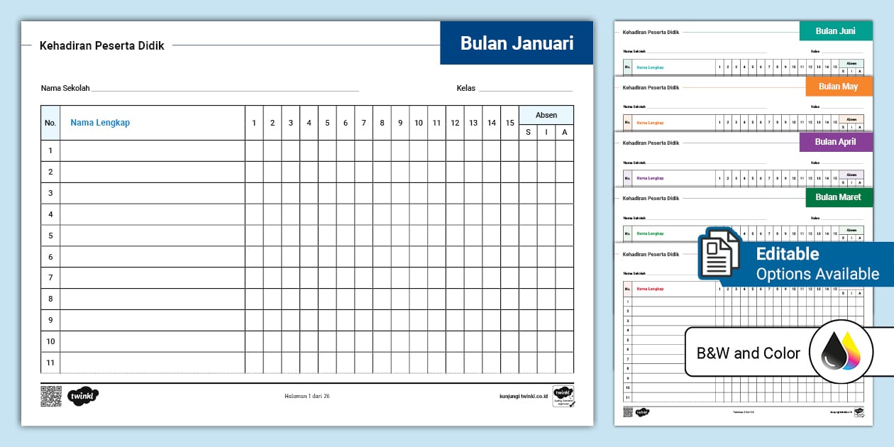 Daftar Hadir Siswa Harian TA 2025-2026 Semester 2 - Twinkl