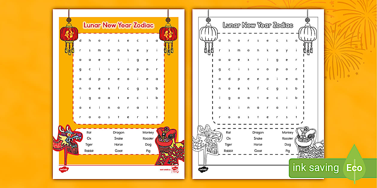 Lunar New Year Zodiac Word Search - Grades K-3 - Twinkl