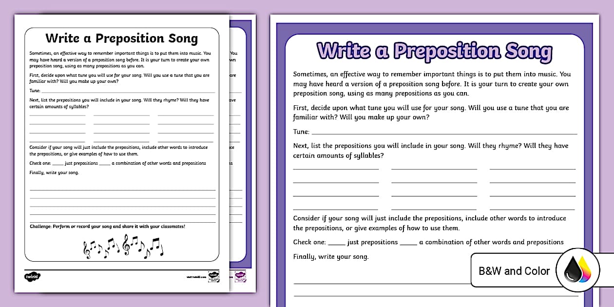 Write a Preposition Song Worksheet for 3rd-5th Grade