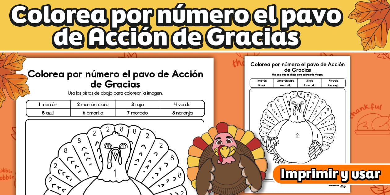 Colorear por número hasta el 8 el pavo de Acción de Gracias
