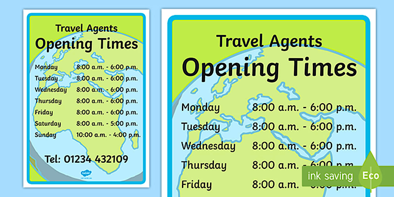 Cursive Travel Agents Opening Times Role Play Sign - Twinkl