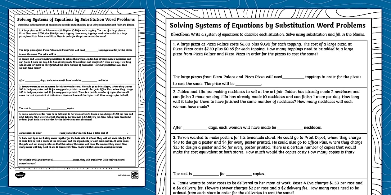 Eighth Grade Solving Systems Of Equations By Substitution Word Problems