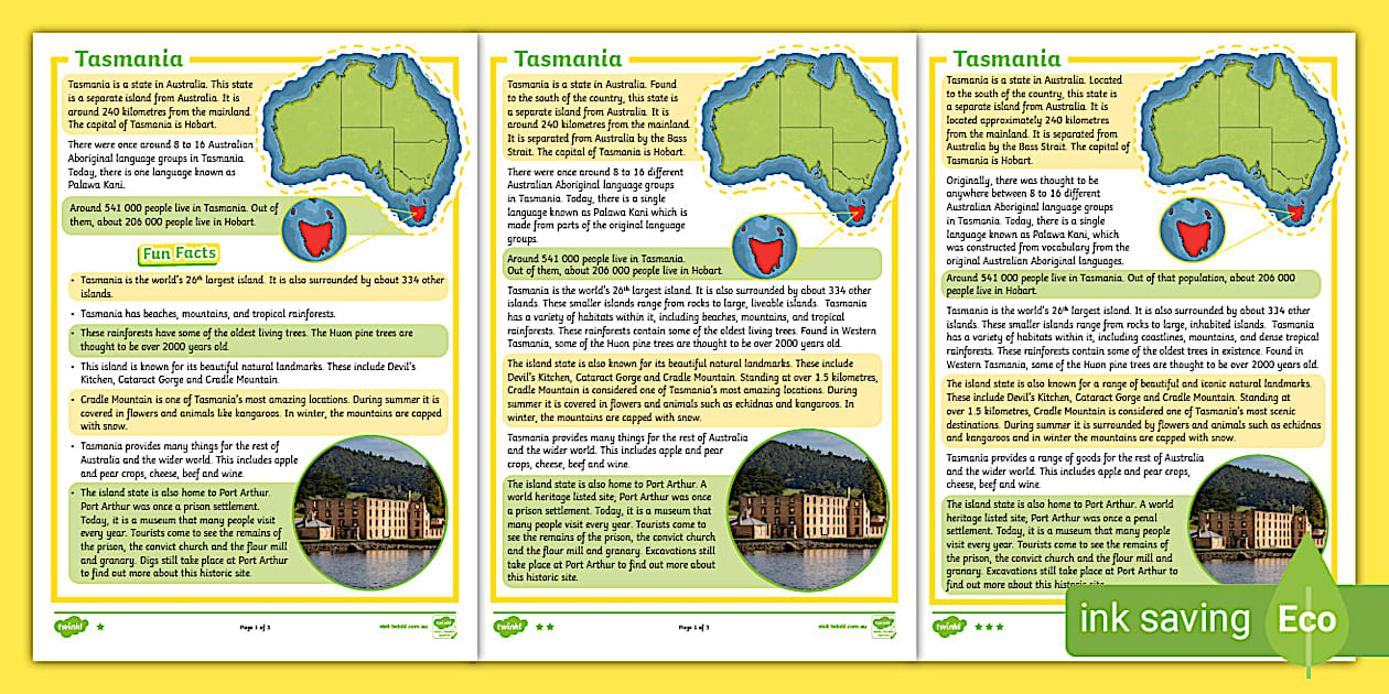 Tasmania Differentiated Comprehension Sheets - Year 3 HASS