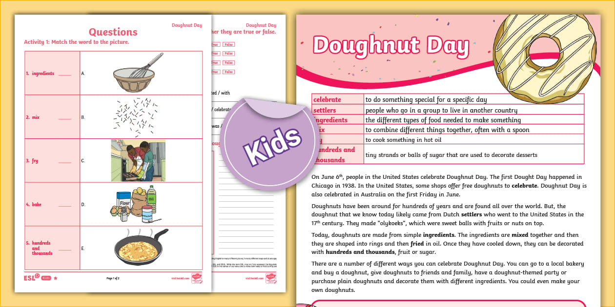 ESL Doughnut Day Reading Comprehension (teacher made)