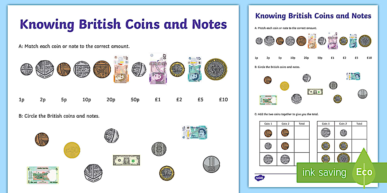 Black and White Knowing British Coins and Notes Worksheet