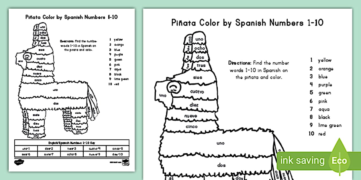 Piñata Color by Spanish Numbers 1-10 Worksheet | Twinkl USA