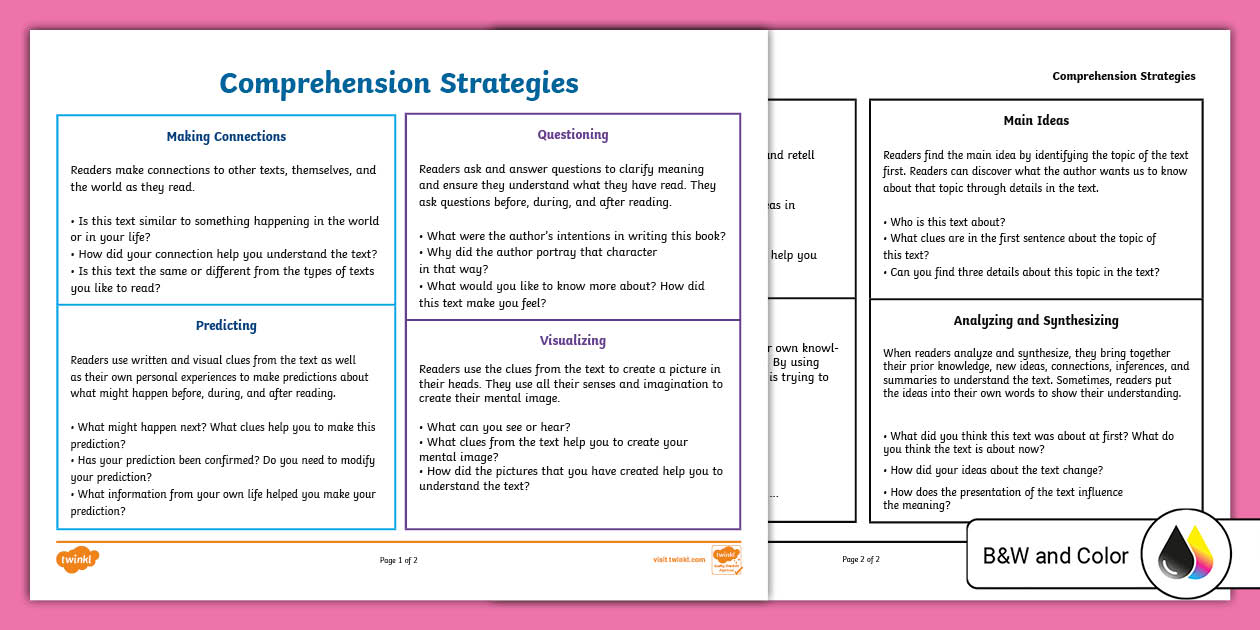 Comprehension Strategies Reference Sheet for 6th-8th Grade