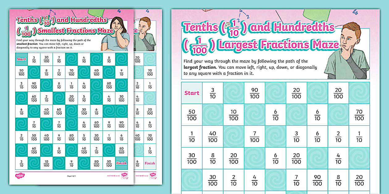 Tenths (1/10) and Hundredths (10/100) Fraction Mazes