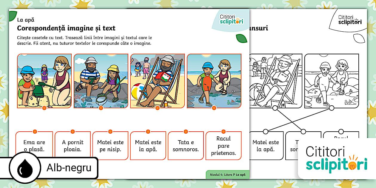 Litera P: La apă – Fișă de pus în corespondență imagine-text