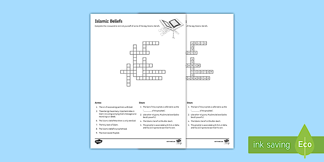 Islamic Beliefs Crossword - Twinkl