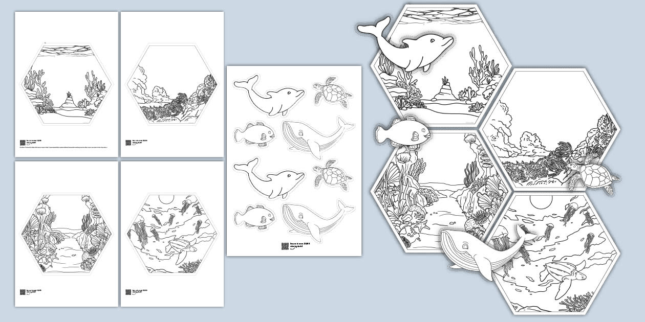 Sea Creatures Hexagon Display Colouring Activity - Twinkl