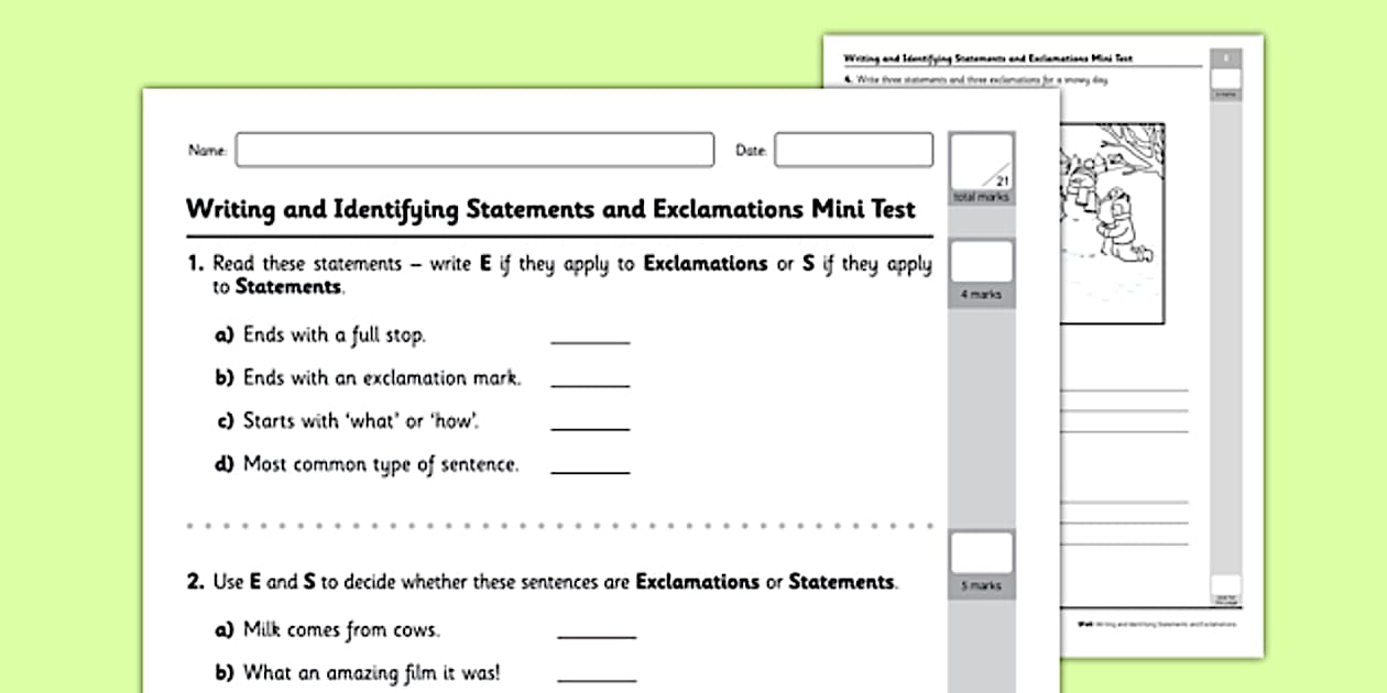 Statement or Exclamation Mini-Test | SPaG Assessment
