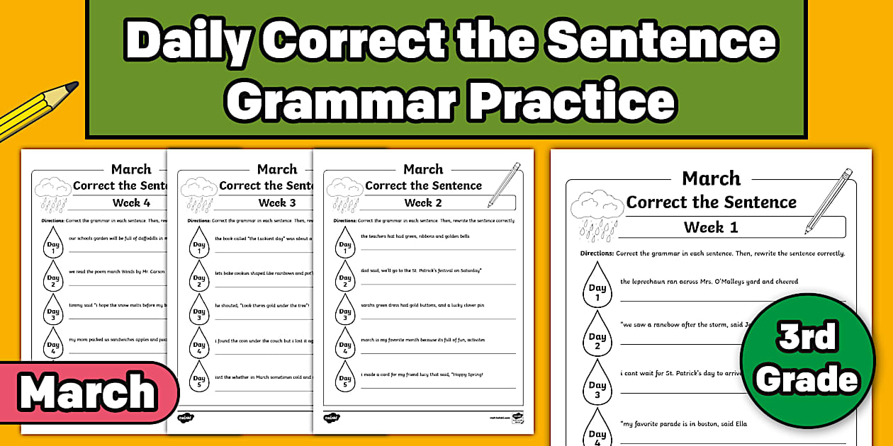 Third Grade March Daily Correct the Sentence Grammar