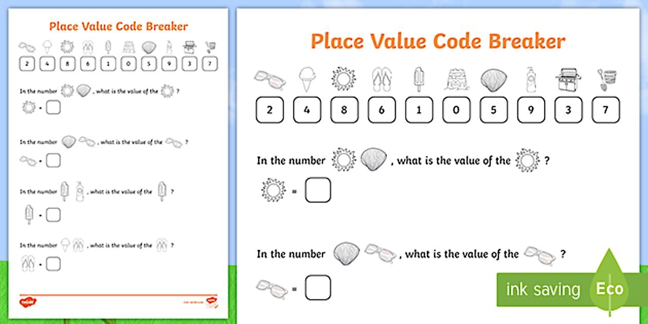 Summer-Themed Place Value Code Breaker Worksheet - Twinkl