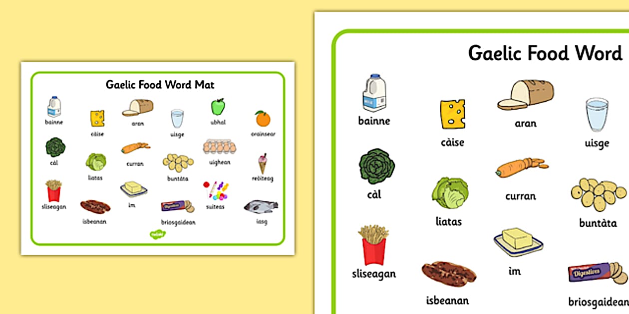 Biadh Brat-fhachail - Gaelic Food Word Mat - Twinkl
