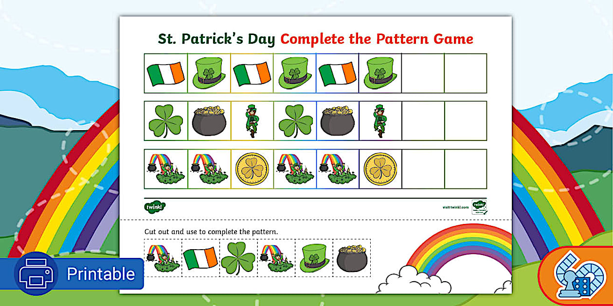 St. Patricks Day Complete the Pattern Board Game - Twinkl