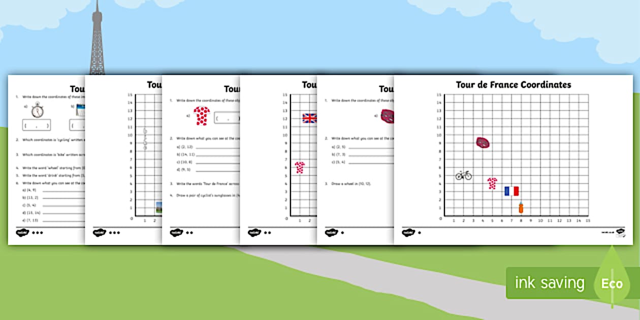 Tour de France Coordinates in the First Quadrant Worksheets