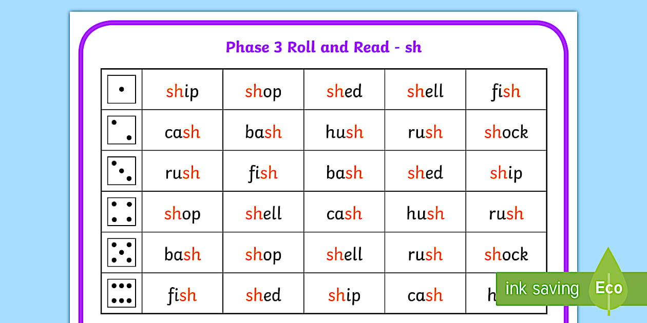 Editable Phase 3 'sh' Phoneme Roll and Read Mat - Twinkl