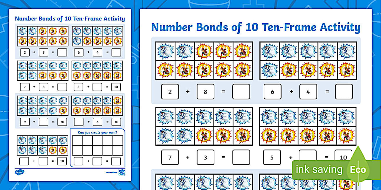 Number Bonds to 10 Superheroes Ten-Frame Activity - Twinkl