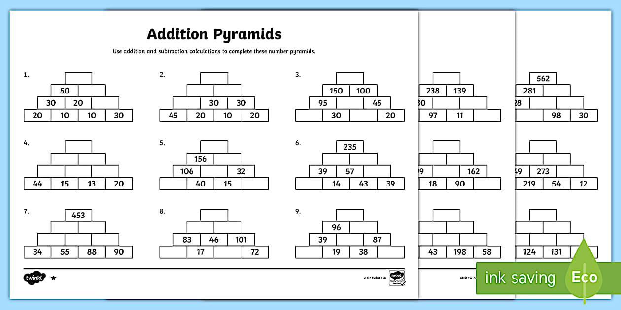 Middle Ability Addition Pyramids to 999 Differentiated Worksheets