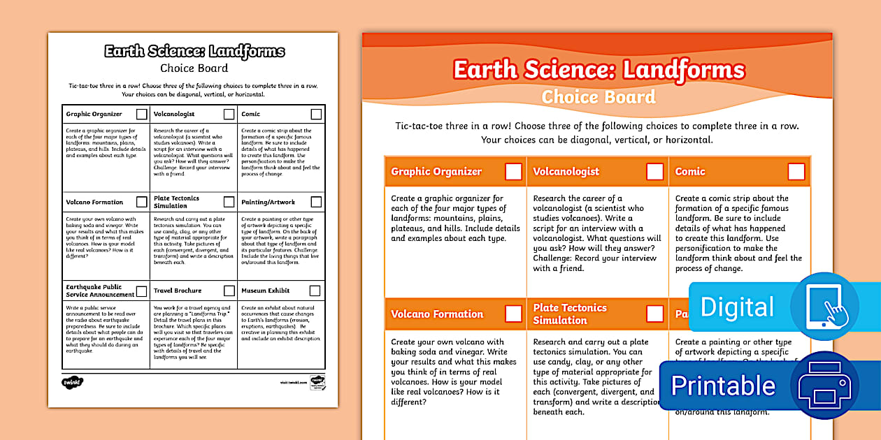 Earth Science: Landforms Choice Board (Hecho por educadores)