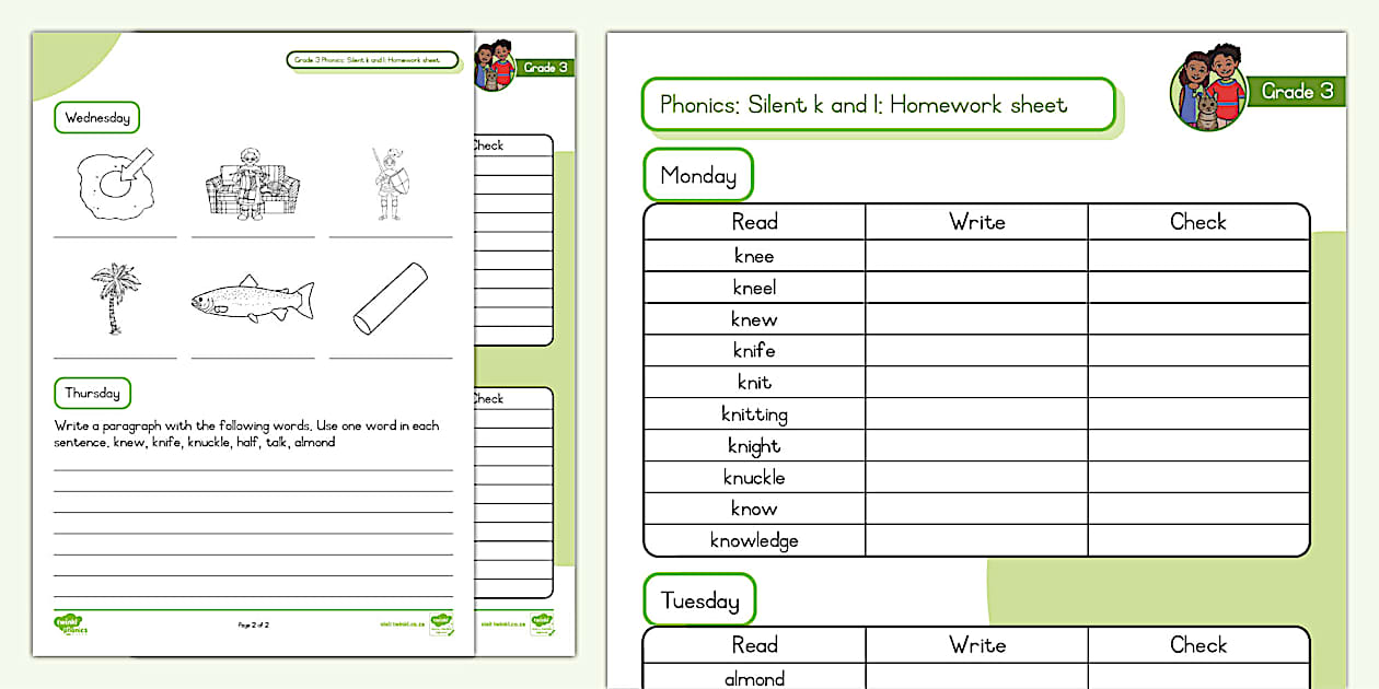 Grade 3 Phonics: Silent k and l: Homework Sheet