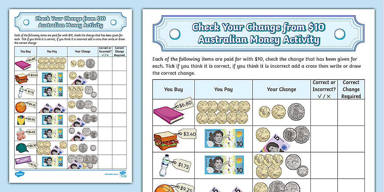 Check Your Change from $10 Australian Money Activity