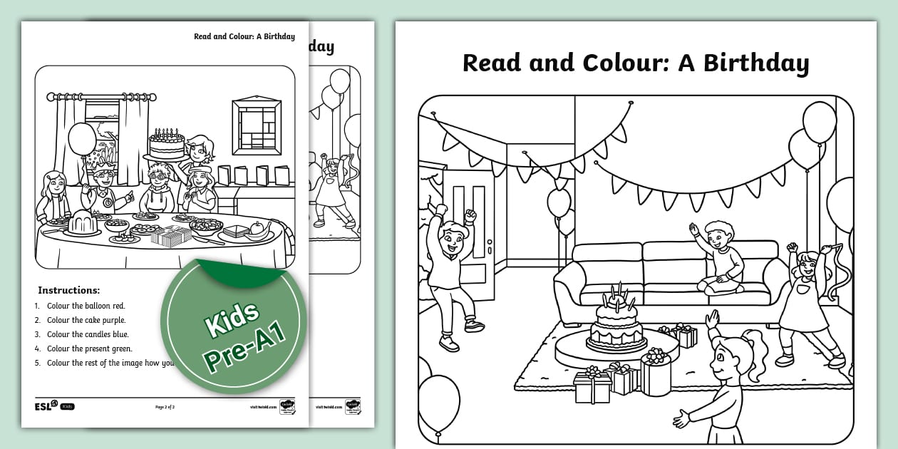 {Colouring Page} for ESL Kids: A Birthday - Twinkl