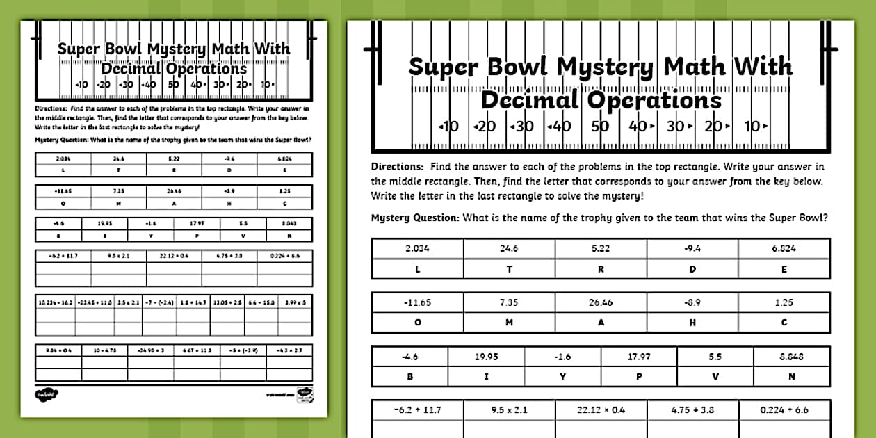 Seventh Grade Super Bowl Mystery Math With Decimal Operation
