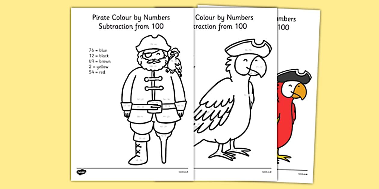 Pirate Themed Subtraction From 100 Colour by Numbers