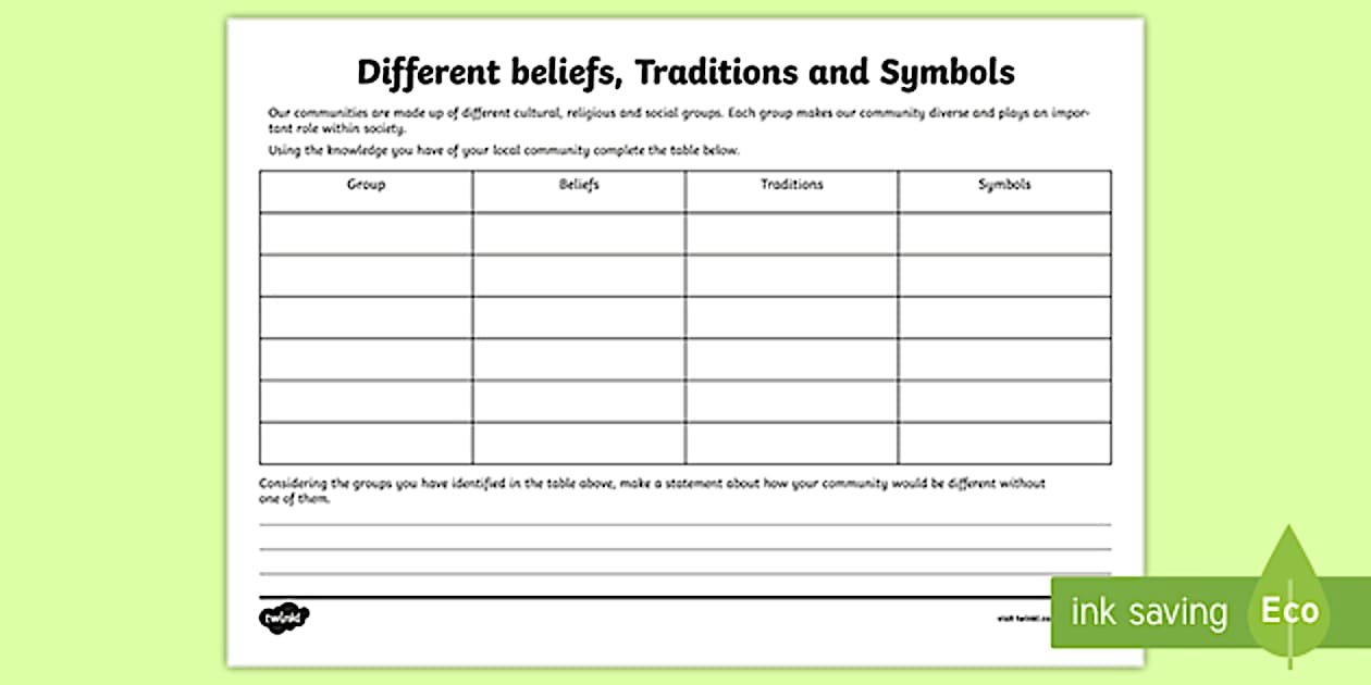 Different Beliefs, Traditions and Symbols Worksheet - Twinkl